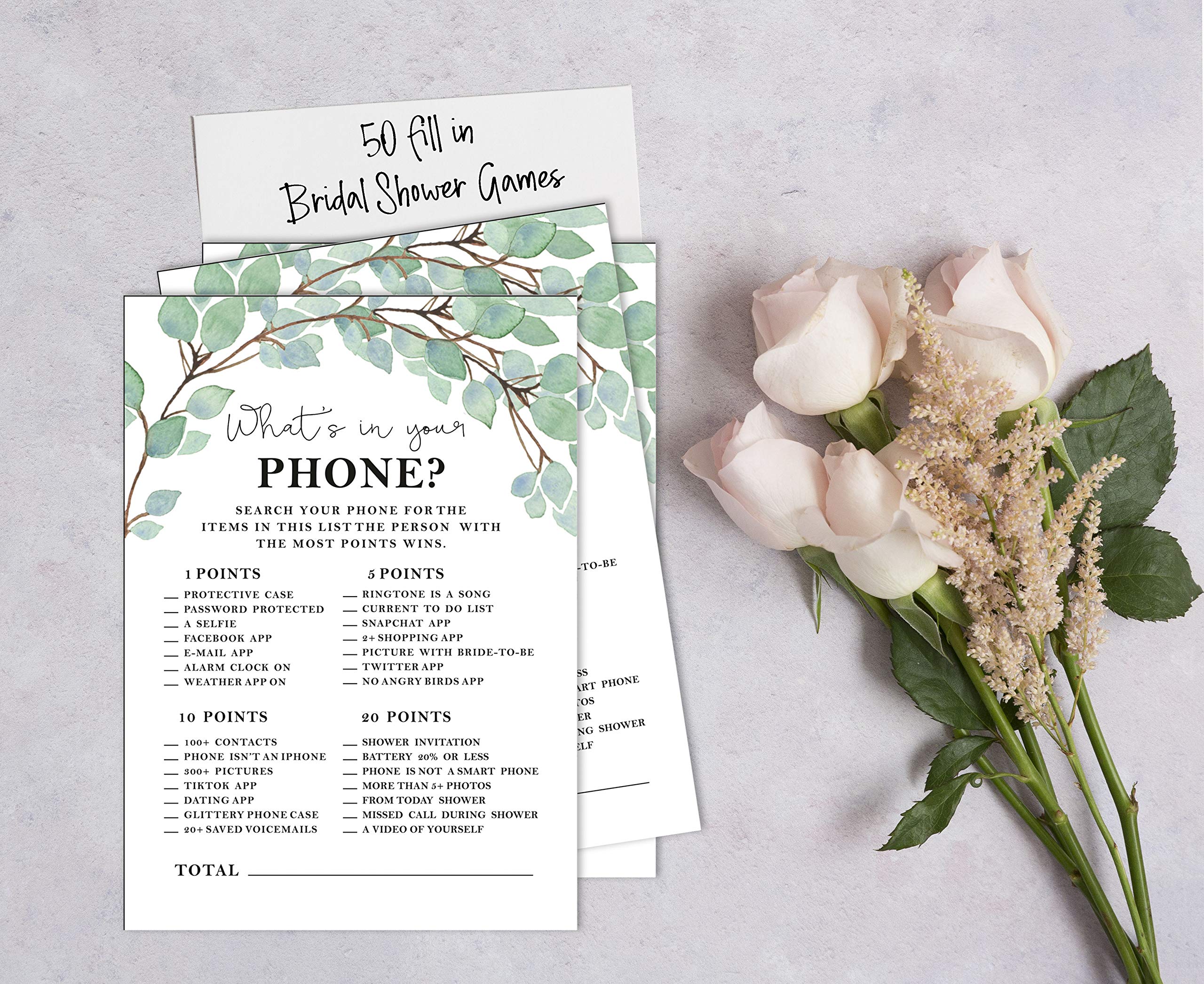 Inkdotpot 50-Pack Greenery Whats on Your Phone Bridal Shower Game Wedding Shower Bachelorette Party Bulk Activity Game Cards