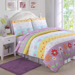 cozy line home fashions floral heart print reversible girl bedding quilt set, bedspread, coverlet (flower garden, queen - 3 piece)