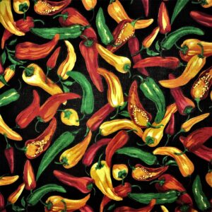 sal tex fabrics, colorful hot chilis poly cotton print fabric white background or black background, sells by the yard (black)