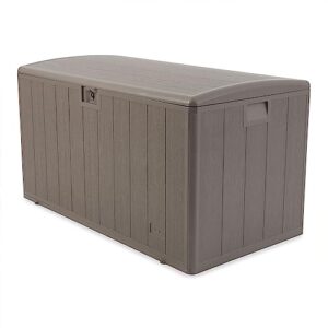 plastic development group 130 gallon multipurpose outdoor backyard patio storage deck box container with soft close lid, gray