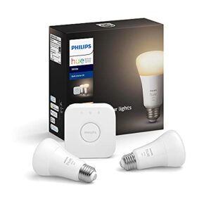 philips hue 2-pack white a19 dimmable smart bulb starter kit with hub (voice compatible with amazon alexa, apple homekit and google home), 9.5w