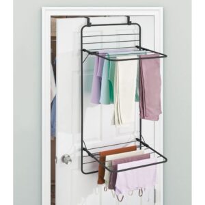 mDesign Steel Collapsible Over The Door, Hanging Laundry Dry Rack Clothes Organizer, 2 Tiers - for Indoor Air-Drying Clothing, Towels, Lingerie, Hosiery, Delicates - Folds Compact - Black