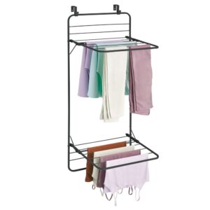 mDesign Steel Collapsible Over The Door, Hanging Laundry Dry Rack Clothes Organizer, 2 Tiers - for Indoor Air-Drying Clothing, Towels, Lingerie, Hosiery, Delicates - Folds Compact - Black