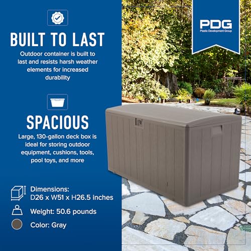 Plastic Development Group 130 Gallon Multipurpose Outdoor Backyard Patio Storage Deck Box Container with Soft Close Lid, Gray