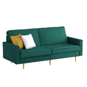 Danxee Velvet Fabric Sofa Couch 71" Wide Mid Century Modern Tufted Fabric Sofa Living Room Sofa 700lb Heavy Duty with 2 Pillows (Emerald)