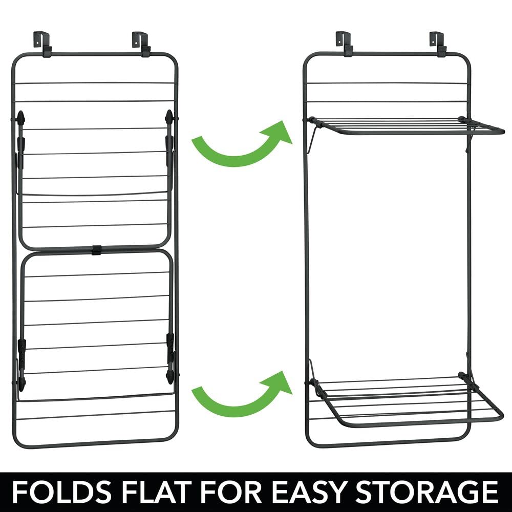 mDesign Steel Collapsible Over The Door, Hanging Laundry Dry Rack Clothes Organizer, 2 Tiers - for Indoor Air-Drying Clothing, Towels, Lingerie, Hosiery, Delicates - Folds Compact - Black