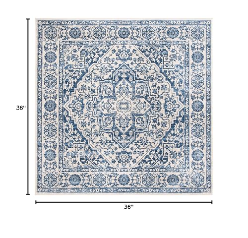 SAFAVIEH Brentwood Collection 3' Square Navy / Light Grey BNT832M Medallion Distressed Non-Shedding Living Room Bedroom Accent Rug