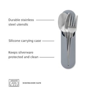 W&P Porter Stainless Steel Utensils with Silicone Carrying Case | Slate | Spoon, Fork & Knife for Meals on the Go | Portable and Compact Set