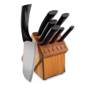 rada cutlery anthem series oak block 7 pc stainless steel kitchen knife set with black resin handles, set of 8