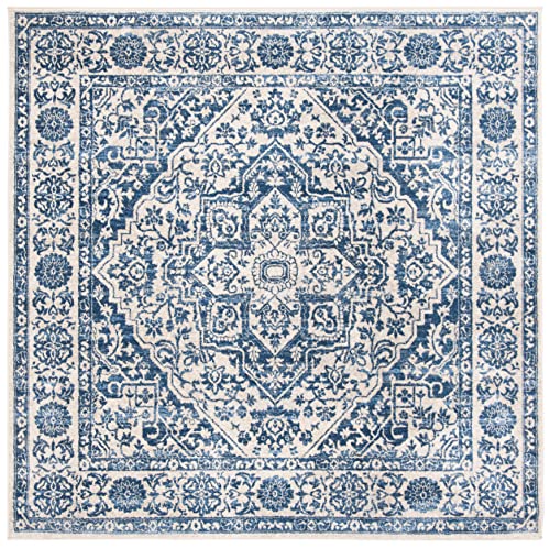 SAFAVIEH Brentwood Collection 3' Square Navy / Light Grey BNT832M Medallion Distressed Non-Shedding Living Room Bedroom Accent Rug