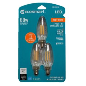 60-watt equivalent b11 dimmable energy star clear glass filament vintage edison led light bulb in soft white (3-pack) fg-03299