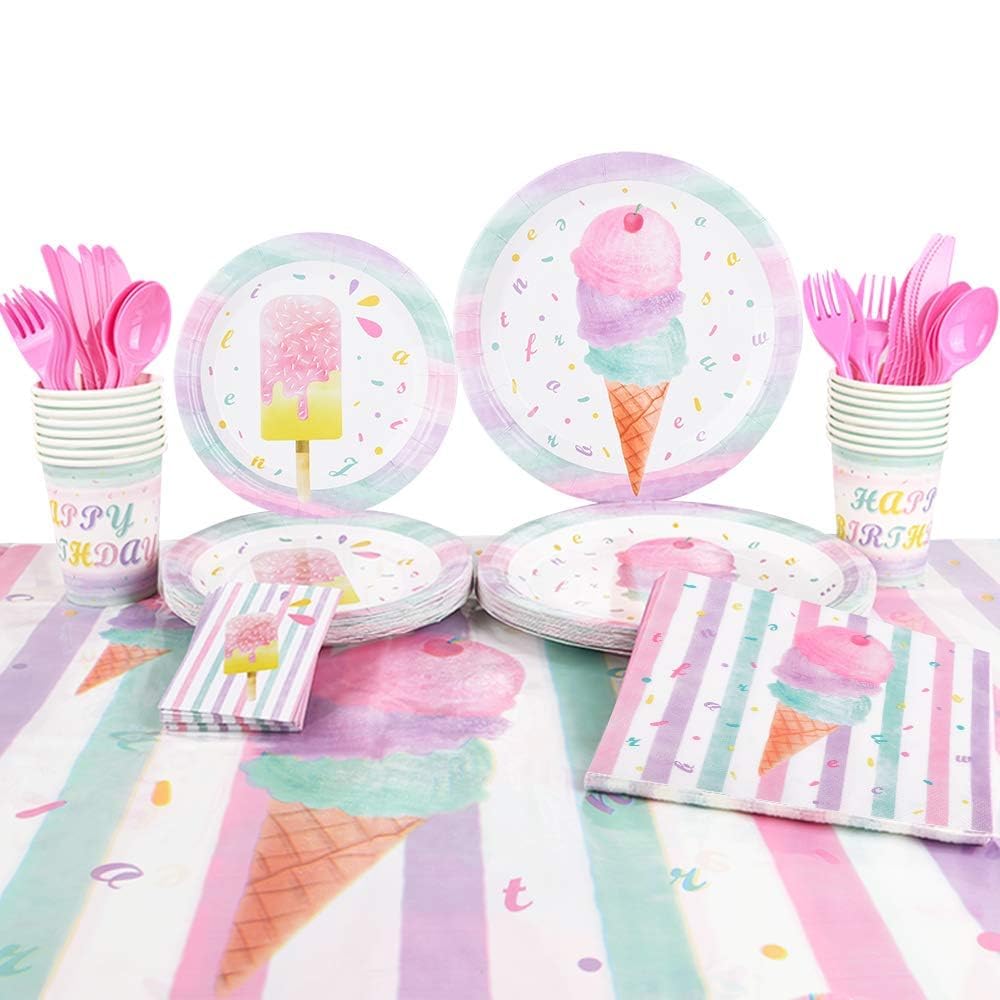 Ice Cream Party Supplies Set - Ice Cream Popsicle Party Tableware for Girls Kids Birthday Baby Shower Disposable Tablecloth Plates Paper Cups Napkins Cutlery Bag Utensils Serves 16 Guests 130PCS