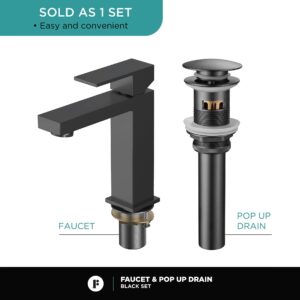 Fine Fixtures Modern Square Single Hole Bathroom Sink Faucet - Single Handle Bathroom Faucet with Pop-up Drain and Strainer Basket - Matte Black