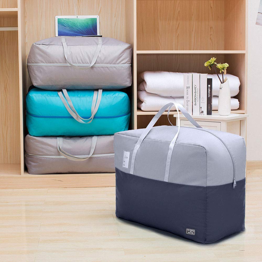 Large Zipper Comforter Storage Bag, Folding Clothes Storage Bag with Reinforced Handle, Under bed Storage Bag for Bedding, Blanket, Cloth, Pillow, 75L, Grey