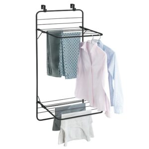 mDesign Steel Collapsible Over The Door, Hanging Laundry Dry Rack Clothes Organizer, 2 Tiers - for Indoor Air-Drying Clothing, Towels, Lingerie, Hosiery, Delicates - Folds Compact - Black