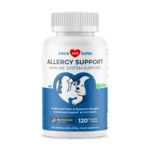 allergy support for dogs - 120 chewable tablets - with vitamin c, omega 3 and colostrum - dog itch relief, allergy relief for dogs, skin soother for dogs - with probiotics for immune system health