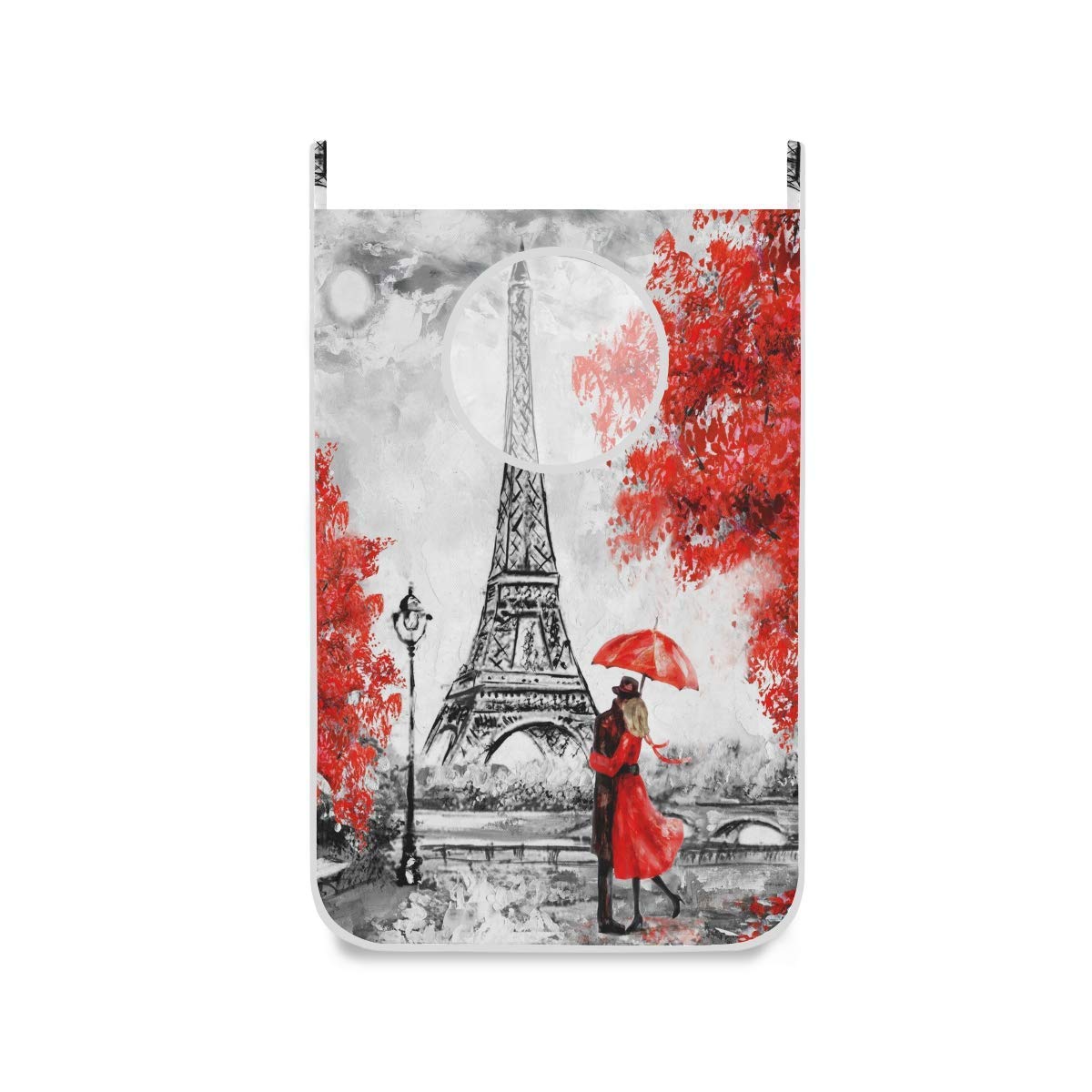 Paris Eiffel Tower Door Hanging Laundry Hamper Bag Red Tree Lovers Space Saving Wall Large Laundry Basket Storage Dirty Clothes Bags with Bottom Zippers Hooks for Bathroom Bedroom 1 Pcs