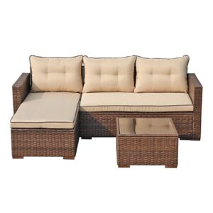 joivi patio conversation set, pe wicker rattan outdoor furniture set, 2 ways small sectional sofa lounge and love seat with cushions, tempered glass coffee table, beige