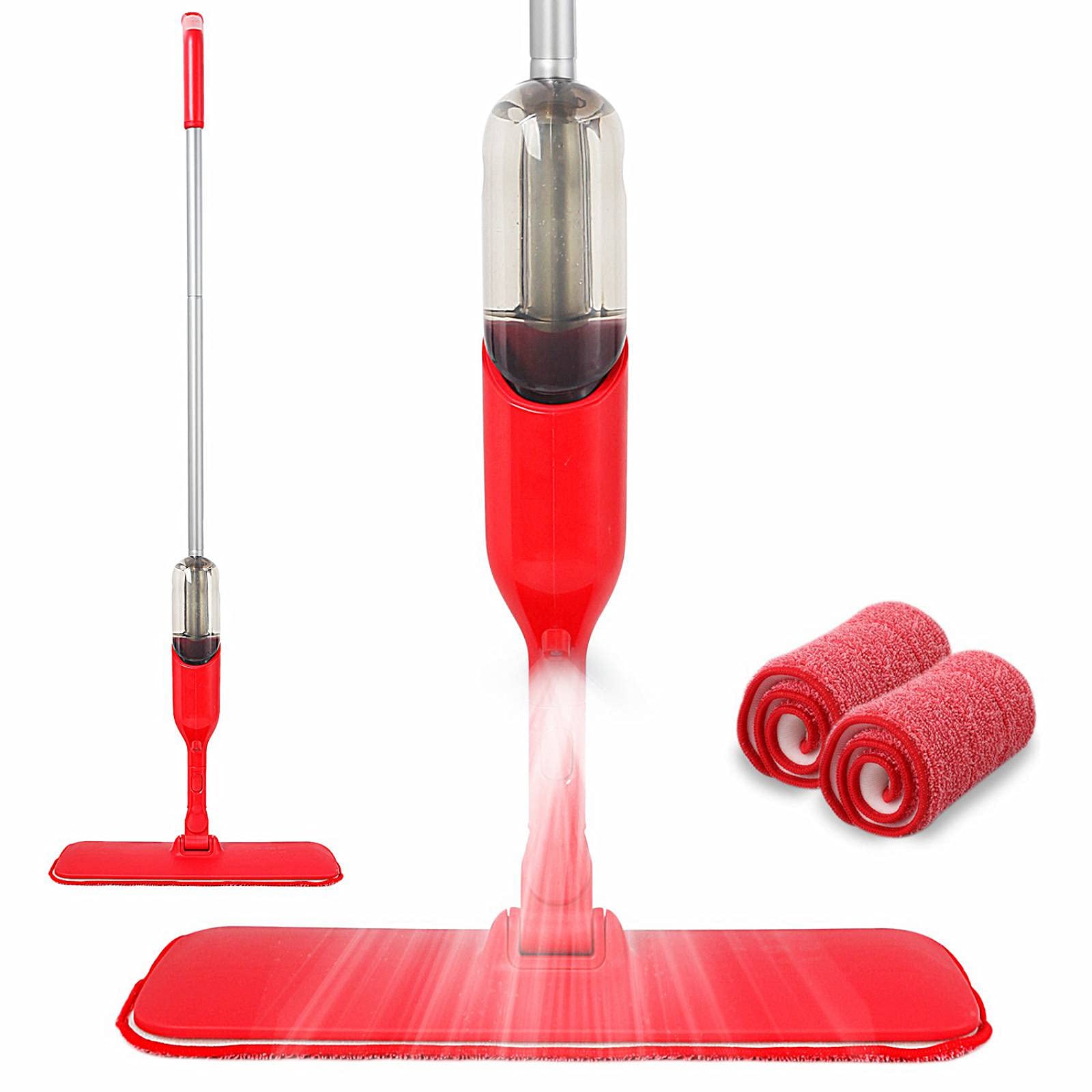 AKOMA Jet Dust Mop for Floor Cleaning with 2 Reusable Pads Lightweight Aluminum Pole Microfiber Spray Mops for Hardwood Tile Floors 360 Degree, 400ML Household, Red