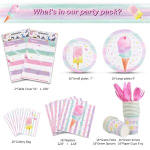 Ice Cream Party Supplies Set - Ice Cream Popsicle Party Tableware for Girls Kids Birthday Baby Shower Disposable Tablecloth Plates Paper Cups Napkins Cutlery Bag Utensils Serves 16 Guests 130PCS