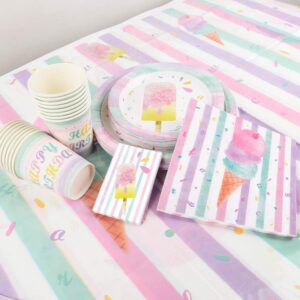 Ice Cream Party Supplies Set - Ice Cream Popsicle Party Tableware for Girls Kids Birthday Baby Shower Disposable Tablecloth Plates Paper Cups Napkins Cutlery Bag Utensils Serves 16 Guests 130PCS