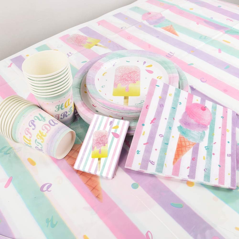 Ice Cream Party Supplies Set - Ice Cream Popsicle Party Tableware for Girls Kids Birthday Baby Shower Disposable Tablecloth Plates Paper Cups Napkins Cutlery Bag Utensils Serves 16 Guests 130PCS