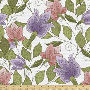 ambesonne floral fabric by the yard, pastel tone tulip flower aged ottoman national petals image, decorative fabric for upholstery and home accents, 2 yards, olive green coral