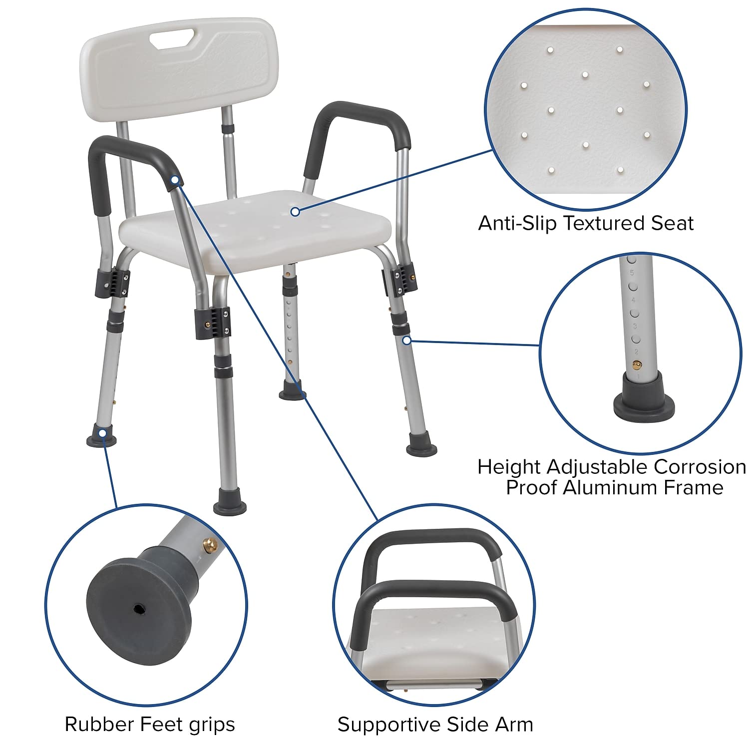 Flash Furniture HERCULES Series 300 Lb. Capacity Adjustable White Bath & Shower Chair with Quick Release Back & Arms