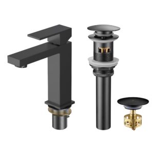 fine fixtures modern square single hole bathroom sink faucet - single handle bathroom faucet with pop-up drain and strainer basket - matte black