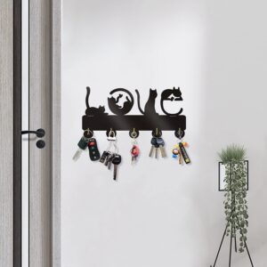 KingLive Cat Key Hooks for Wall,Black Wooden Cat Key Holder with 5 Metal Key Rack Organizer for Wall Decorative with Screws and Anchors