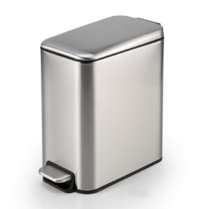 cltec 5l/1.3gal stainless steel trash can with lid soft close, removable inner waste basket, slim small garbage can, rectangular step trash bin for bathroom bedroom office, anti-fingerprint, silver