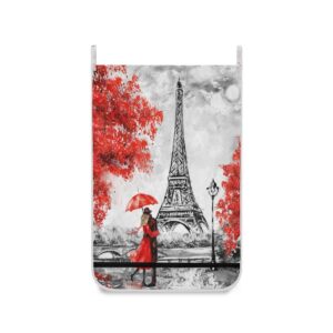 Paris Eiffel Tower Door Hanging Laundry Hamper Bag Red Tree Lovers Space Saving Wall Large Laundry Basket Storage Dirty Clothes Bags with Bottom Zippers Hooks for Bathroom Bedroom 1 Pcs