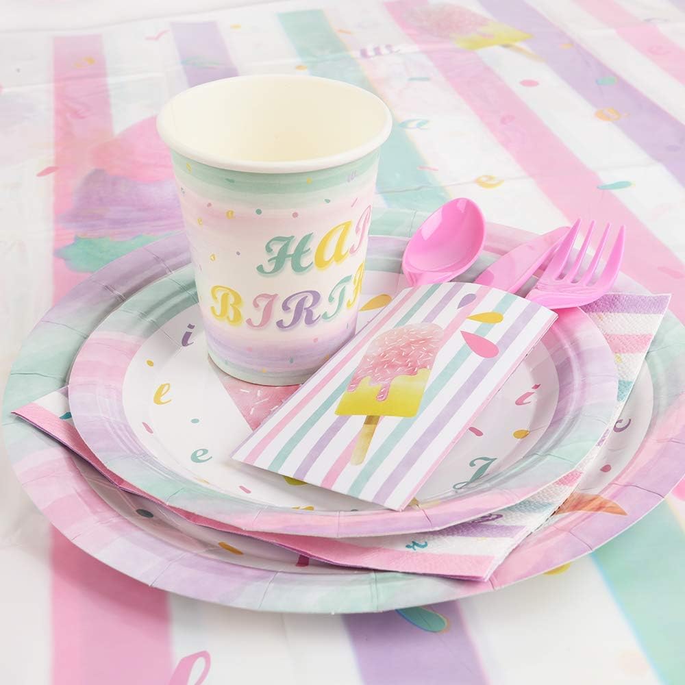 Ice Cream Party Supplies Set - Ice Cream Popsicle Party Tableware for Girls Kids Birthday Baby Shower Disposable Tablecloth Plates Paper Cups Napkins Cutlery Bag Utensils Serves 16 Guests 130PCS