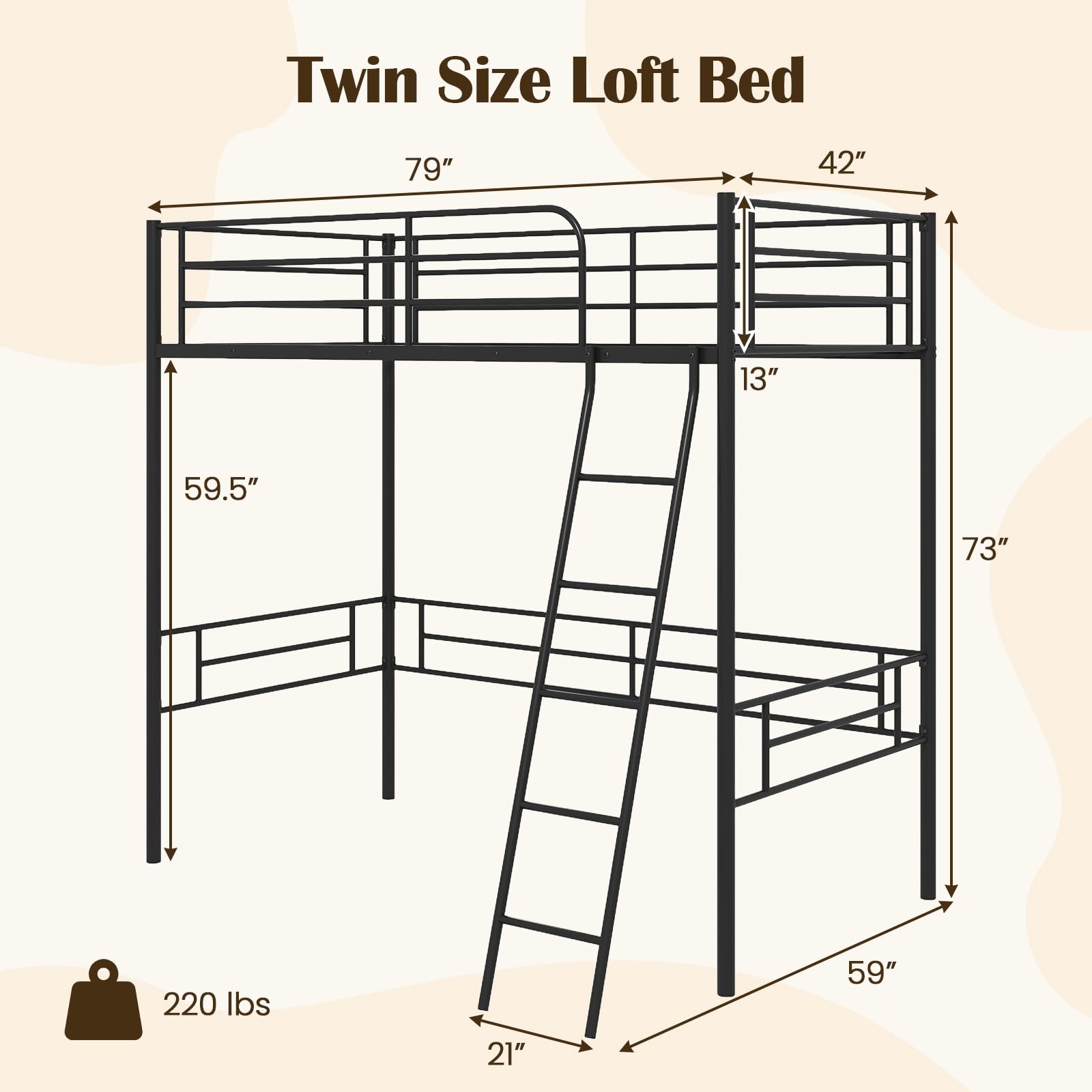 Giantex Twin Size Loft Bed, Metal Loft Bed Frame with Ladder & Safety Guardrail, Space-Saving Loft Bed with Ample Space Underneath, for Teens Junior and Adults, No Box Spring Need, Black