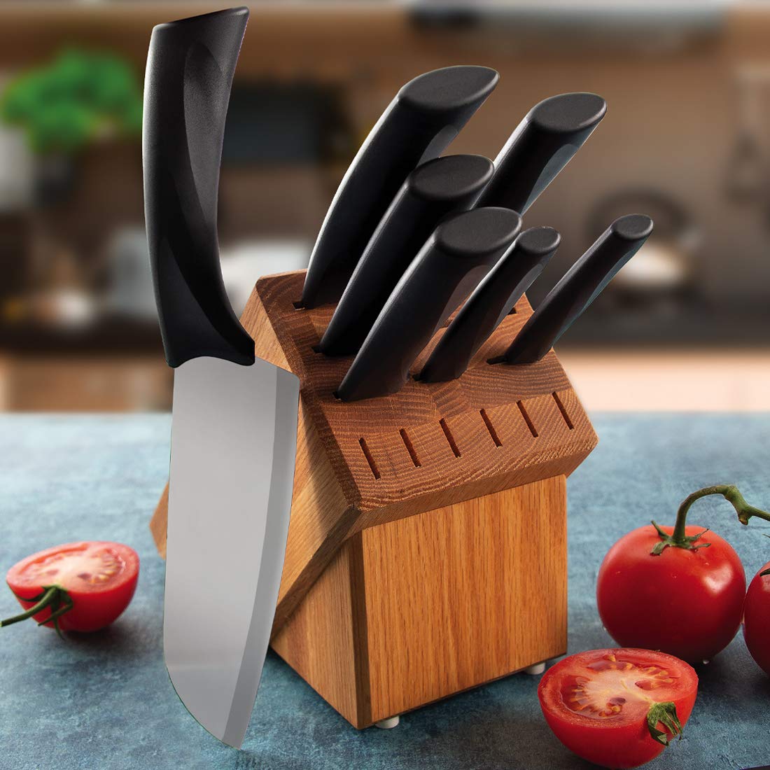 Rada Cutlery Anthem Series Oak Block 7 Pc Stainless Steel Kitchen Knife Set with Black Resin Handles, Set of 8