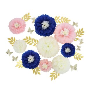 mybbshower navy blue pink diy paper flower decorations for wall backdrop bridal shower decorations nautical wedding centerpiece set of 27 (blush navy)