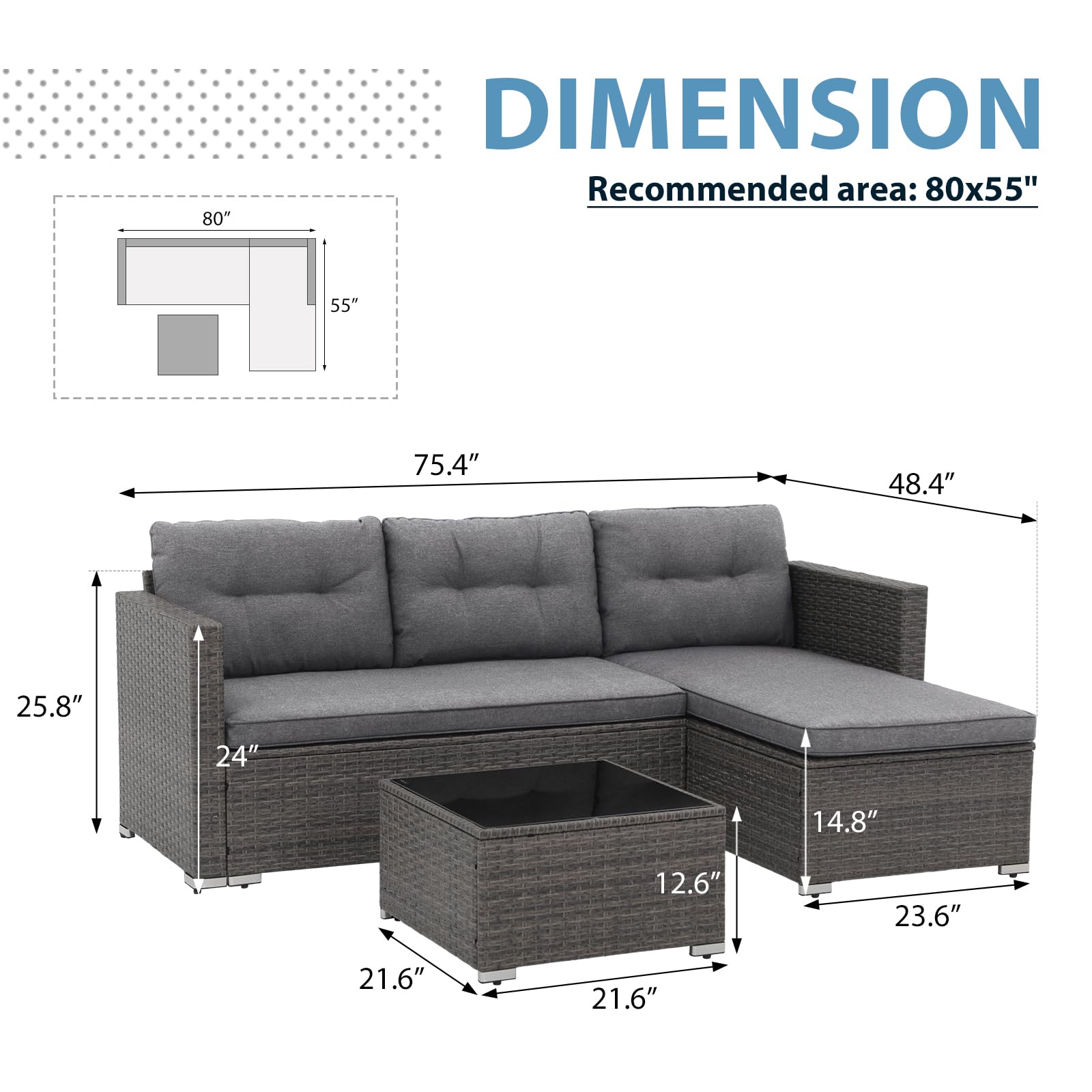 JOIVI Outdoor Patio Furniture Sets, All Weather Outdoor Sectional Patio Sofa, Wicker Rattan Outdoor Couch Patio Set with Cushions, Tempered Glass Table, 3-Piece Outdoor Seating Sofas, Gray