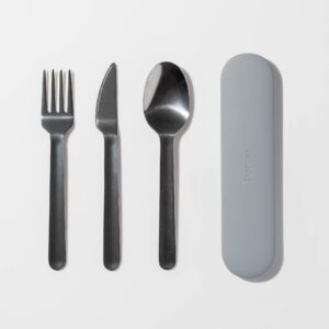 W&P Porter Stainless Steel Utensils with Silicone Carrying Case | Slate | Spoon, Fork & Knife for Meals on the Go | Portable and Compact Set