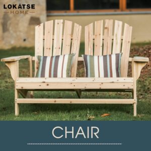 LOKATSE HOME Outdoor Wooden Adirondack Bench Loveseat Double Patio Chair Natural