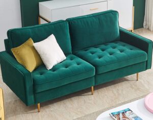 danxee velvet fabric sofa couch 71" wide mid century modern tufted fabric sofa living room sofa 700lb heavy duty with 2 pillows (emerald)