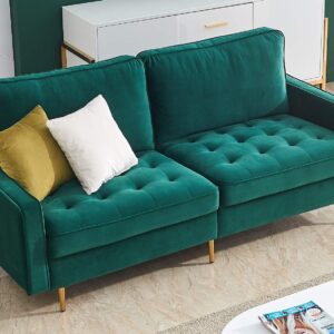 Danxee Velvet Fabric Sofa Couch 71" Wide Mid Century Modern Tufted Fabric Sofa Living Room Sofa 700lb Heavy Duty with 2 Pillows (Emerald)