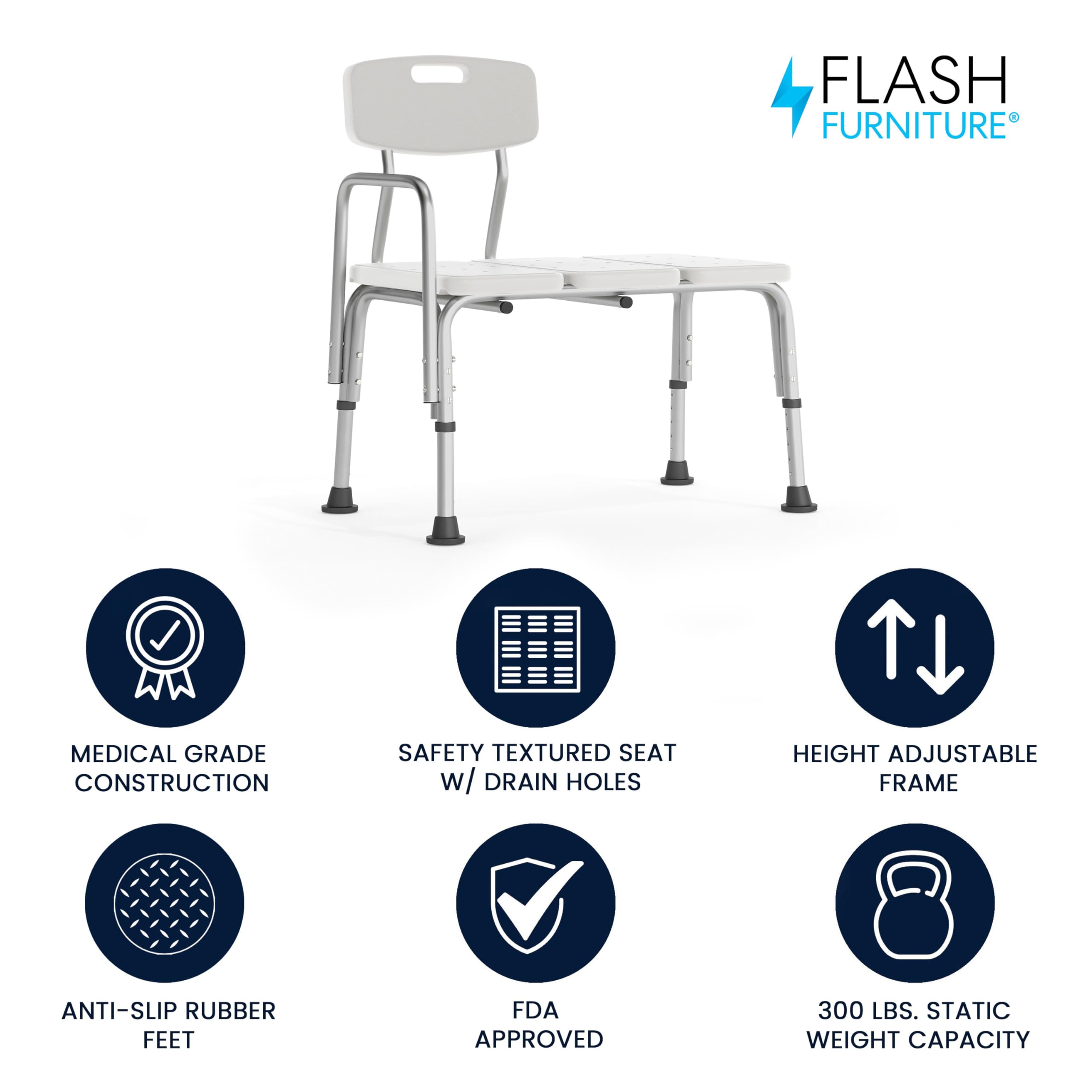 Flash Furniture HERCULES Series 300 Lb. Capacity Adjustable White Bath & Shower Transfer Bench with Back and Side Arm