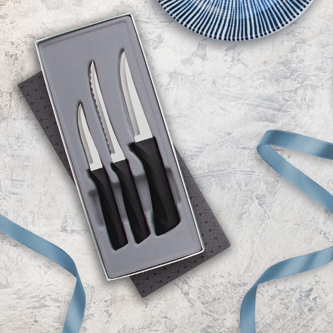 Rada Cutlery Anthem Series Kitchen Knife Set Stainless Steel Knives with Ergonomic Black Resin Handles, Set of 3