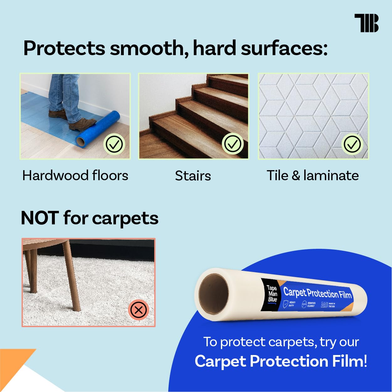 Floor Protection Film, 48" x 200', Made in USA, Blue Self Adhesive Floor Protector Tape for Moving, Painting and Construction, Temporary Floor Covering to Shield Hardwood Floors, Tile, Hard Surfaces