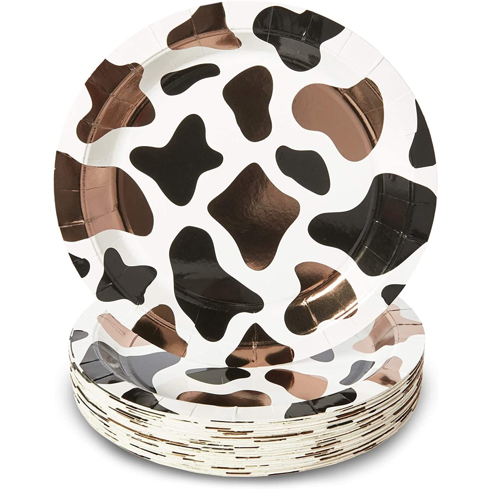 BLUE PANDA 48 Pack Cow Print Paper Plates for Barnyard Birthday Party Supplies, Farm Animal Baby Shower (Brown Foil Print, 9 Inches)