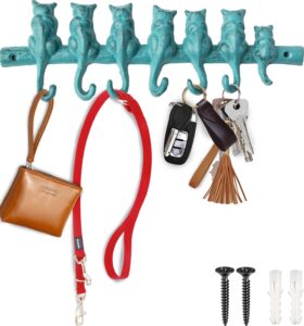 comfify 7 cats cast iron wall hanger - decorative cast iron wall hook rack - vintage design hanger with 7 hooks - wall mounted | 12.4 x 3.9” - with screws and anchors - blue