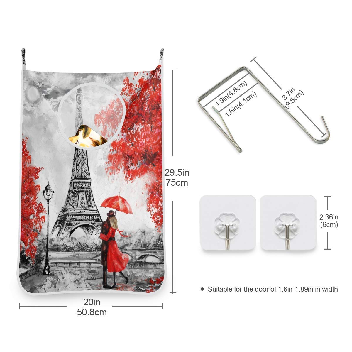 Paris Eiffel Tower Door Hanging Laundry Hamper Bag Red Tree Lovers Space Saving Wall Large Laundry Basket Storage Dirty Clothes Bags with Bottom Zippers Hooks for Bathroom Bedroom 1 Pcs