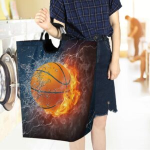 visesunny Basketball with Fire and Water Large Capacity Laundry Hamper Basket Water-Resistant Oxford Cloth Storage Baskets for Bedroom, Bathroom, Dorm, Kids Room