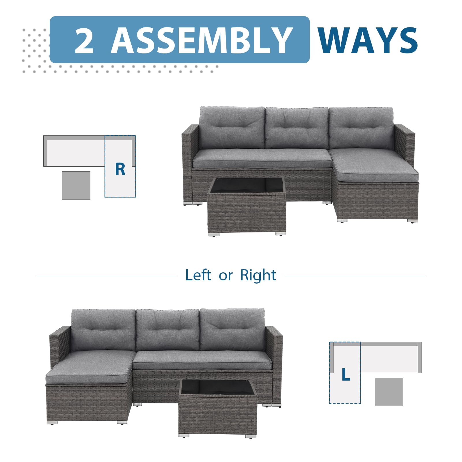 JOIVI Outdoor Patio Furniture Sets, All Weather Outdoor Sectional Patio Sofa, Wicker Rattan Outdoor Couch Patio Set with Cushions, Tempered Glass Table, 3-Piece Outdoor Seating Sofas, Gray