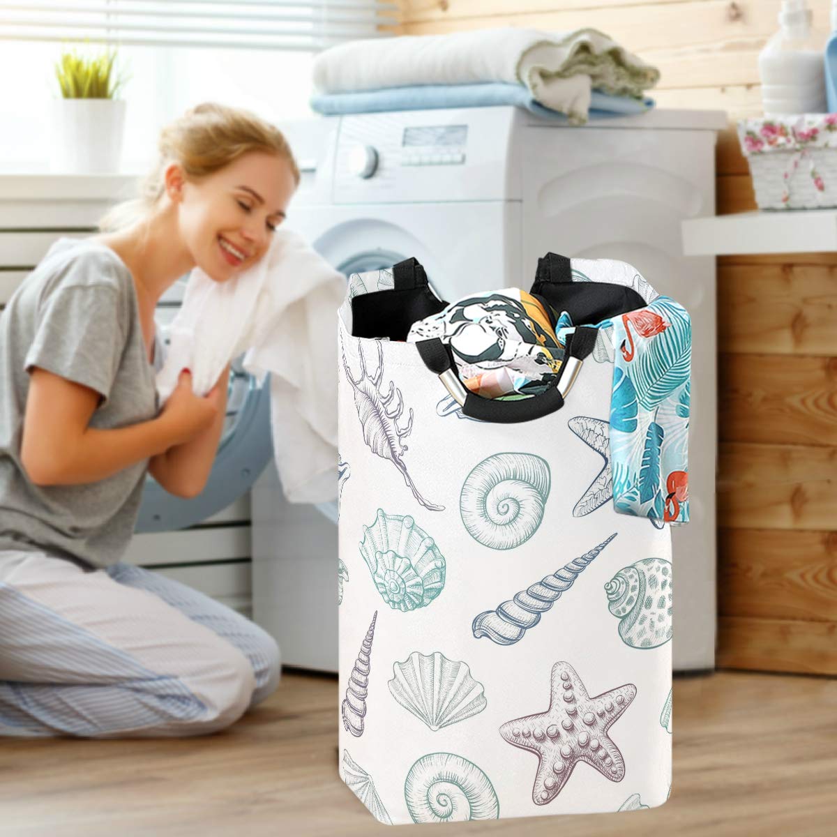 Shell Stars Coastal Starfish Seashell Large Laundry Basket Ocean Creature Collapsible Laundry Hamper with Handles Waterproof Clothes Washing Bin Dirty Baskets Storage for Home College Dorm